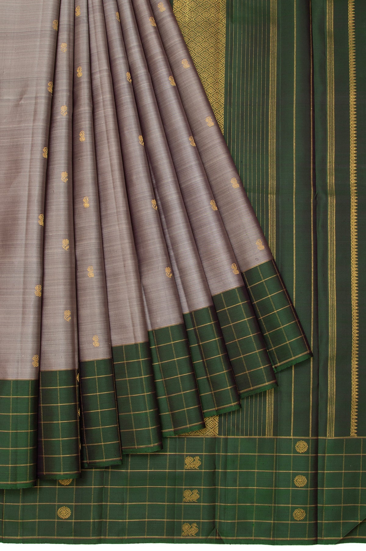 Ash Kanchipuram Silk Saree with Bottle Green Blouse